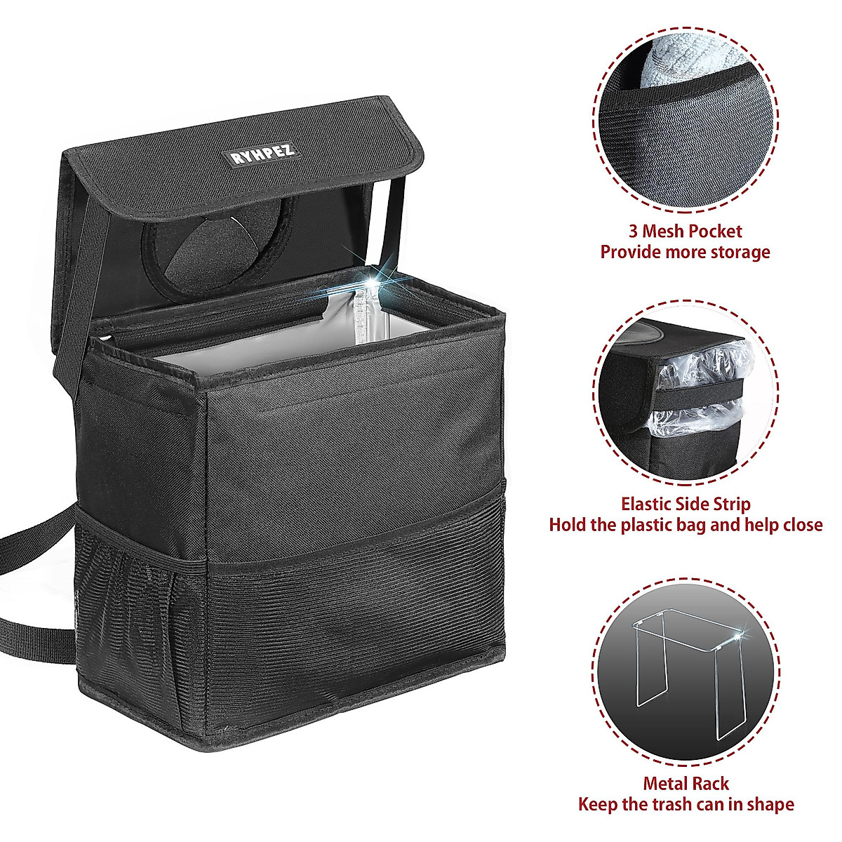 Ryhpez Car Trash Can with Lid - Car Trash Bag Hanging with Storage Pockets Collapsible and Portable Car Garbage Can with Metal Rack Support