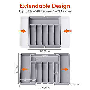 Lifewit Silverware Drawer Organizer, Expandable Utensil Tray for Kitchen, BPA Free Flatware and Cutlery Holder, Adjustable Plastic Storage for Spoons Forks Knives, Large, Grey