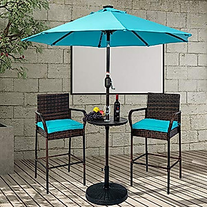 Sundale Outdoor 2 Pieces Patio Bar Stools, All-Weather Wicker Bar Stools Rattan Chairs Set of 2, Counter Height Tall Chair with Arms, Turquoise Cushion, Patio Furniture - Steel, Brown