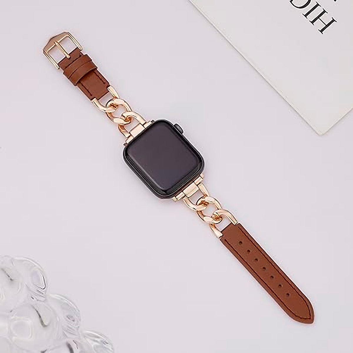 Leather Band Compatible with Apple Watch Band Women 38mm 40mm, Dressy Leather Strap with Cool Chain for iWatch Bands Series 9 8 SE 7 6 5 4 3 2 1 (38, Brown/Rose Gold)