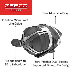Zebco Bullet Spincast Fishing Reel, Size 30 Reel, Fast 29.6 Inches Per Turn, GripEm All-Weather Handle Knobs, Pre-Spooled with 10-Pound Zebco Fishing Line, Black