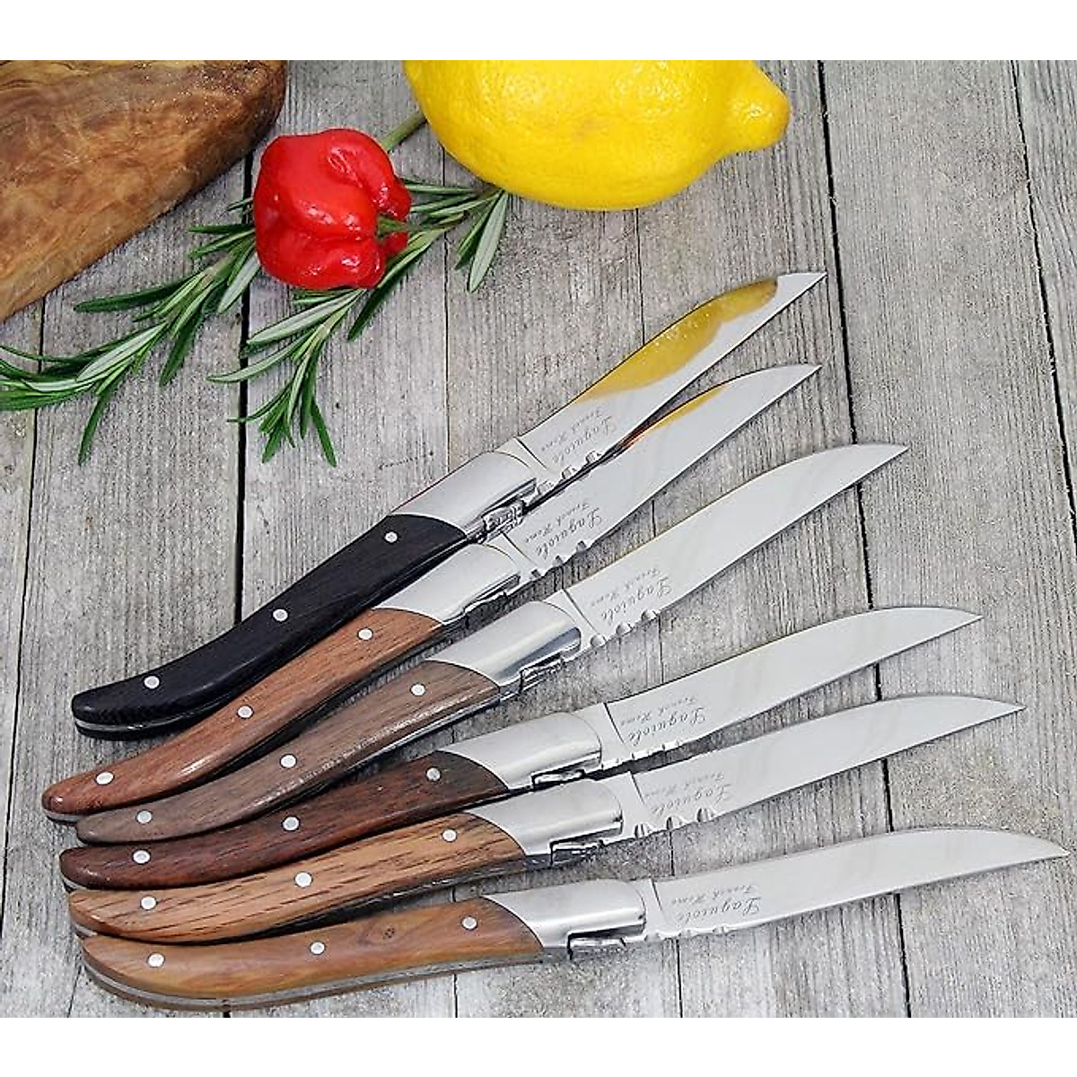 French Home Set of 6 Laguiole Connoisseur Assorted Wood Steak Knives, Multicolor