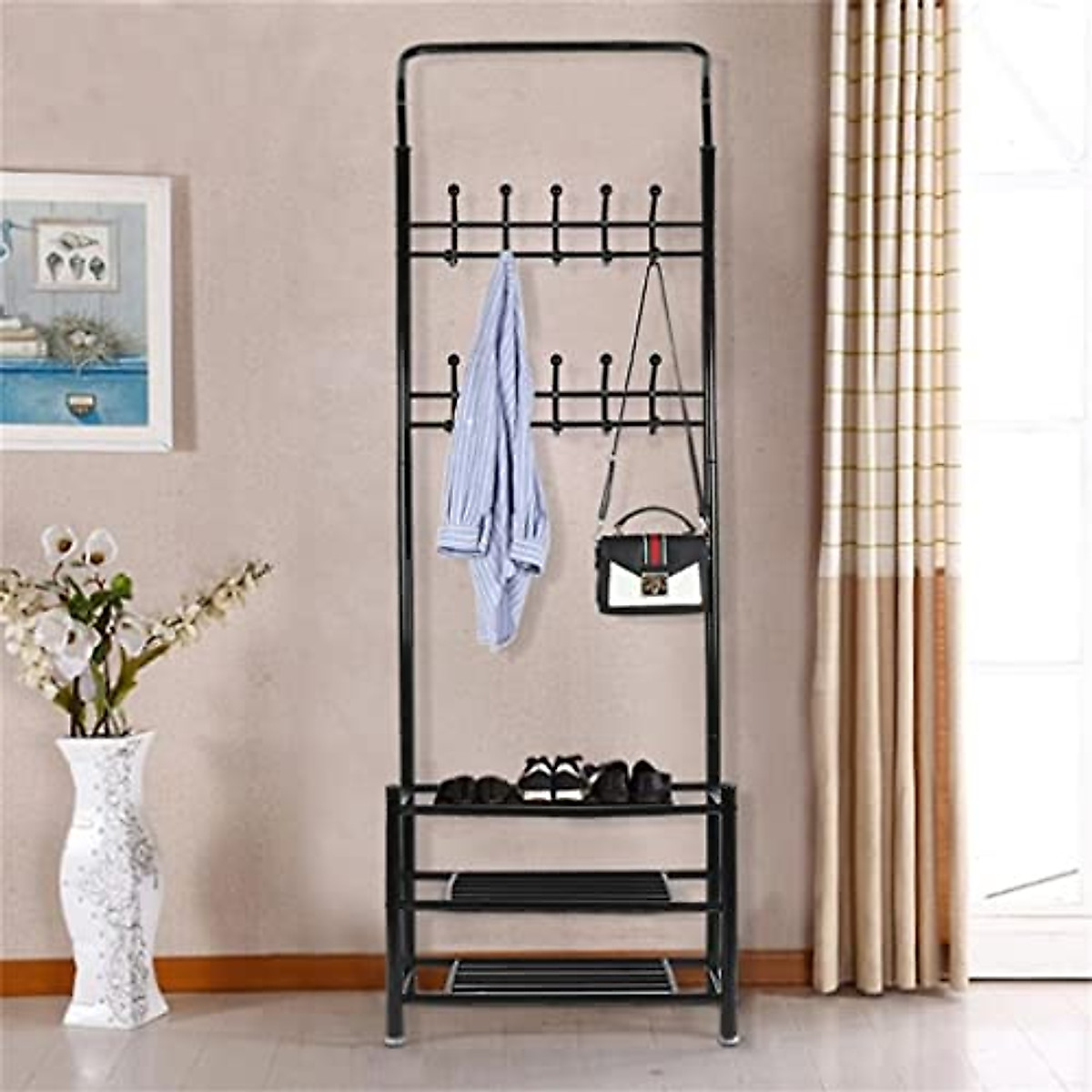 MFCHY Black Shoe Rack Standing Hanging Clothes Home Bedroom Hanger Metal Shoe and Hat Rack Storage Rack