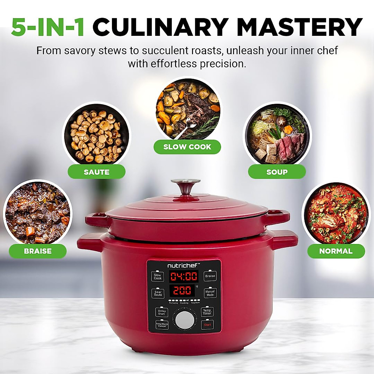 6 Quart Electric Dutch Oven | 1500W 5-in-1 Enamel Coated Cast Iron Pot with Stainless Steel Lid | Precise Temperature Control | Includes 2 Silicone Pot Holders & Heat Resistant Pad | Red