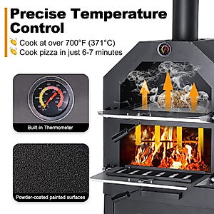 Vonzoy Wood Fired Outdoor Pizza Oven with Waterproof Cover, Pizza Stone and Peel, Wood Burning Pizza Oven with 2 Wheels for Outside