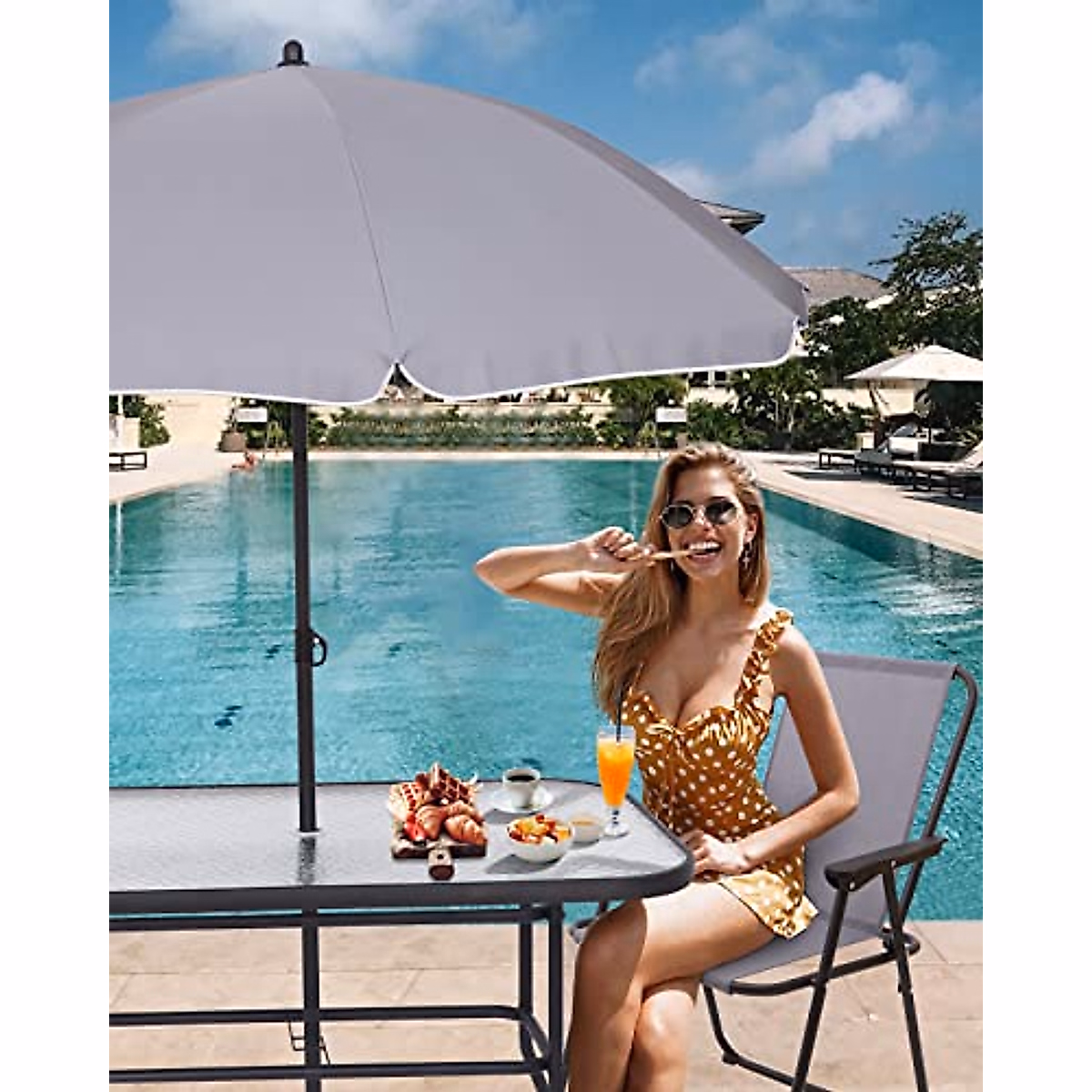 JOYTIO Folding Patio Dining Set, Garden Patio Furniture Set, 8-Piece Outdoor Dining Set with Tilted Removable Umbrella, 6 Folding Chairs, and 1 Rectangular Tempered Glass Table – Grey