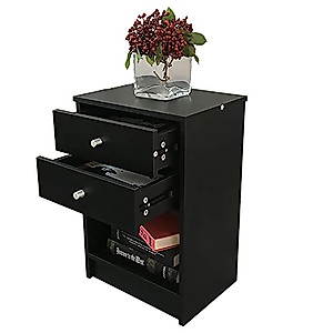 2-Drawer Night Stand, Country Style Sofa Side End Table with Drawer, Wooden Bedside Table for Living Room Bedroom, Multifunctional Storage Organizer with Solid Wood Legs , Easy to Assemble (Black3)