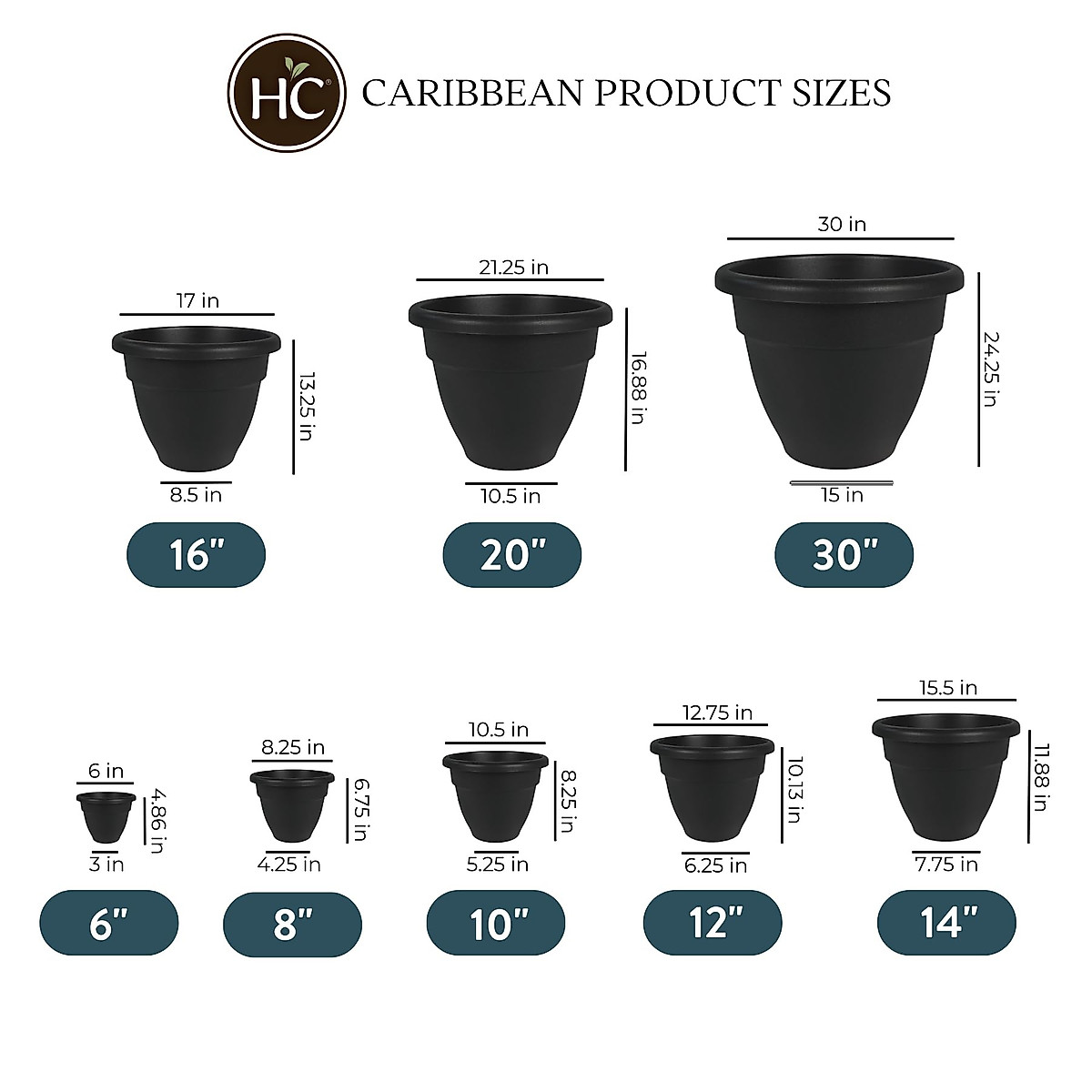The HC Companies 8 Inch Caribbean Planter - Lightweight Indoor Outdoor Plastic Plant Pot for Herbs and Flowers, Black