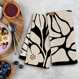 WFSM Boho Floral Kitchen Towels Set of 2- Black Floral Hand Towels, Beige Dish Towels, Decorative Kitchen Towels, Botanical Decorative Kitchen Towels, Boho Hand Towels for Bathroom, 16×24 Inches