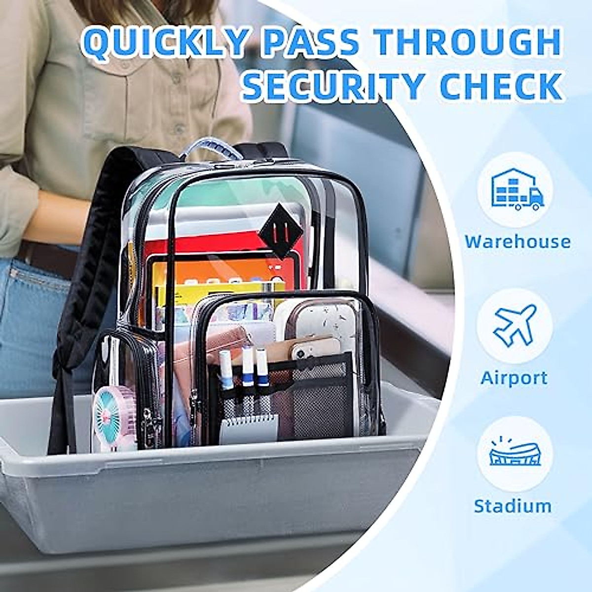 ASKSKY Clear Backpack for School, Heavy Duty PVC See Through Book Bag Stadium Approved Transparent Backpack, Black