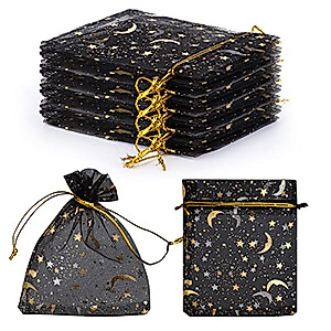 100 PCS 4.0x4.7 Inches Moon Star Printed Orchid Organza Bags Candy Gift Bags Stars and Moon Black Bag,Makeup Organza Favor Bags,Net gift Bags,Drawstring goody bags for Party, Jewelry, Festival