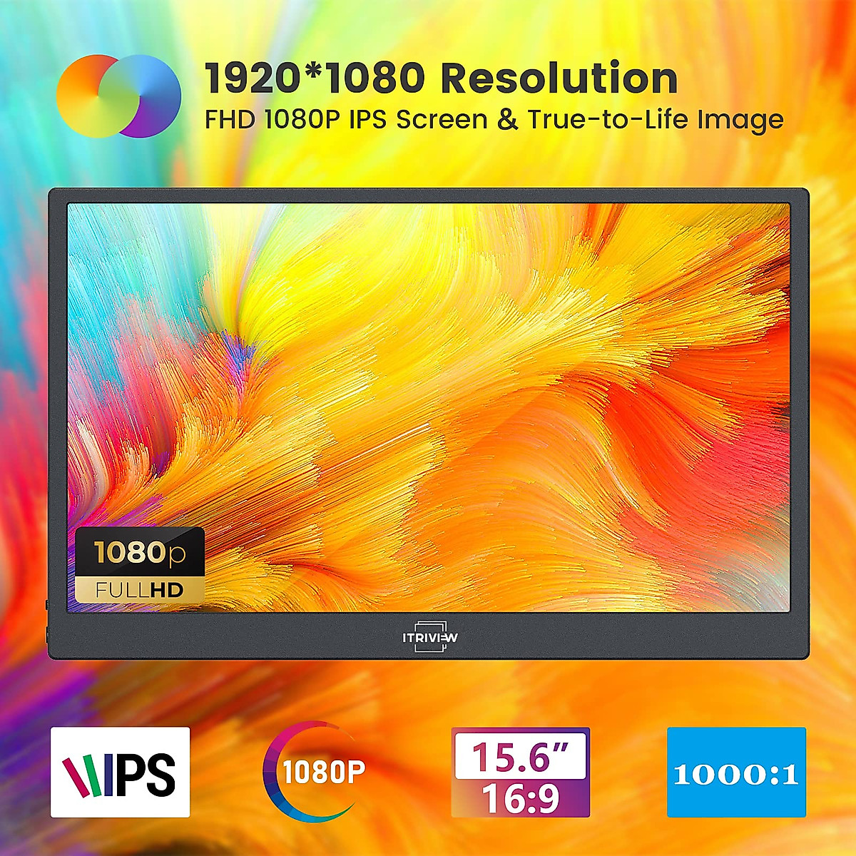 ITRIVIEW Portable Monitor, 15.6 Inch FHD 1080P USB-C Laptop Monitor with Built-in Dual Stereo Speaker, HDR IPS HDMI Computer Removable Protective Case Stand for Surface, PC, PS4, Xbox, Switch