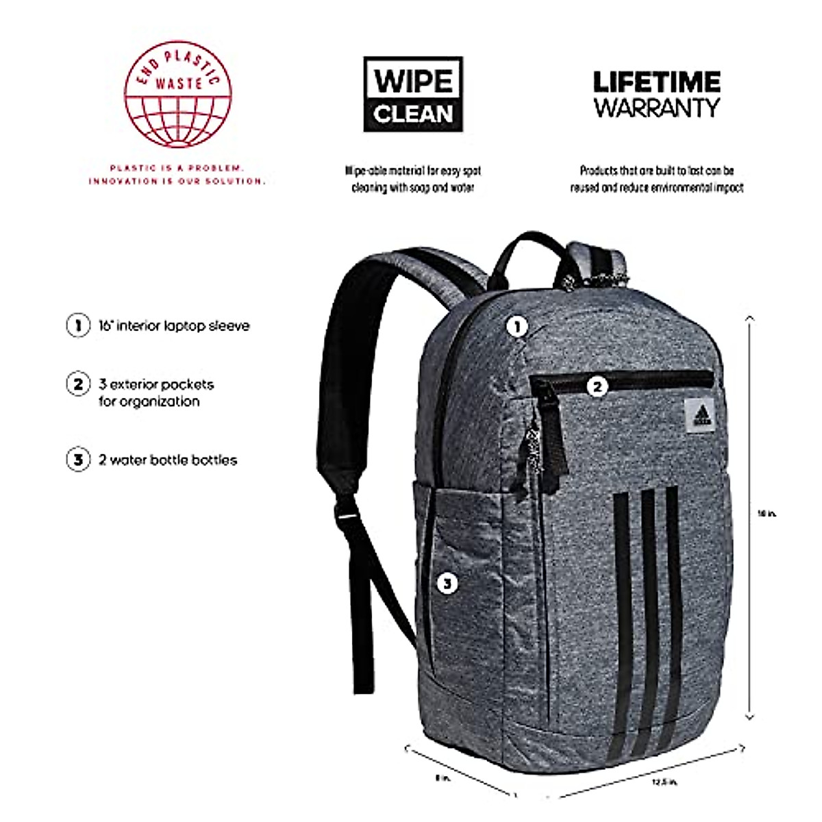 adidas League Three Stripe 2 Backpack, Jersey Onix Grey/Black, One Size