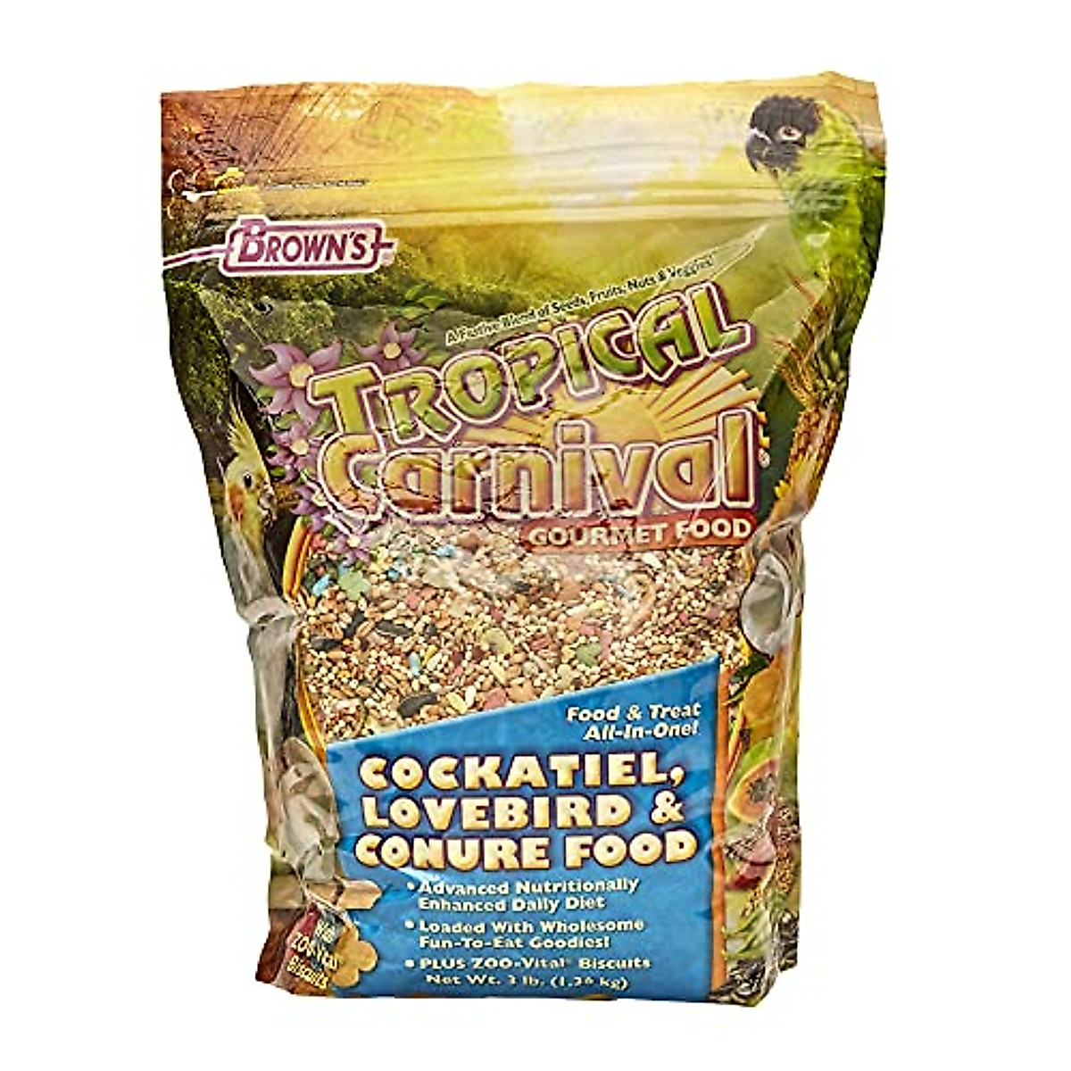 F.M. Brown's Tropical Carnival, Gourmet Bird Food for Cockatiels, Lovebirds, and Conures, Vitamin-Nutrient Fortified Daily Diet, 3 lb