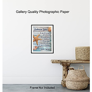 Nautical Rustic Bathroom Decor - LARGE 11x14 - Coastal Beach House Bathroom Rules Wall Art - Starfish, Seashells Restroom Sign, Bath Art - Ocean, Sea House Powder Room Art - Shabby Chic Gift