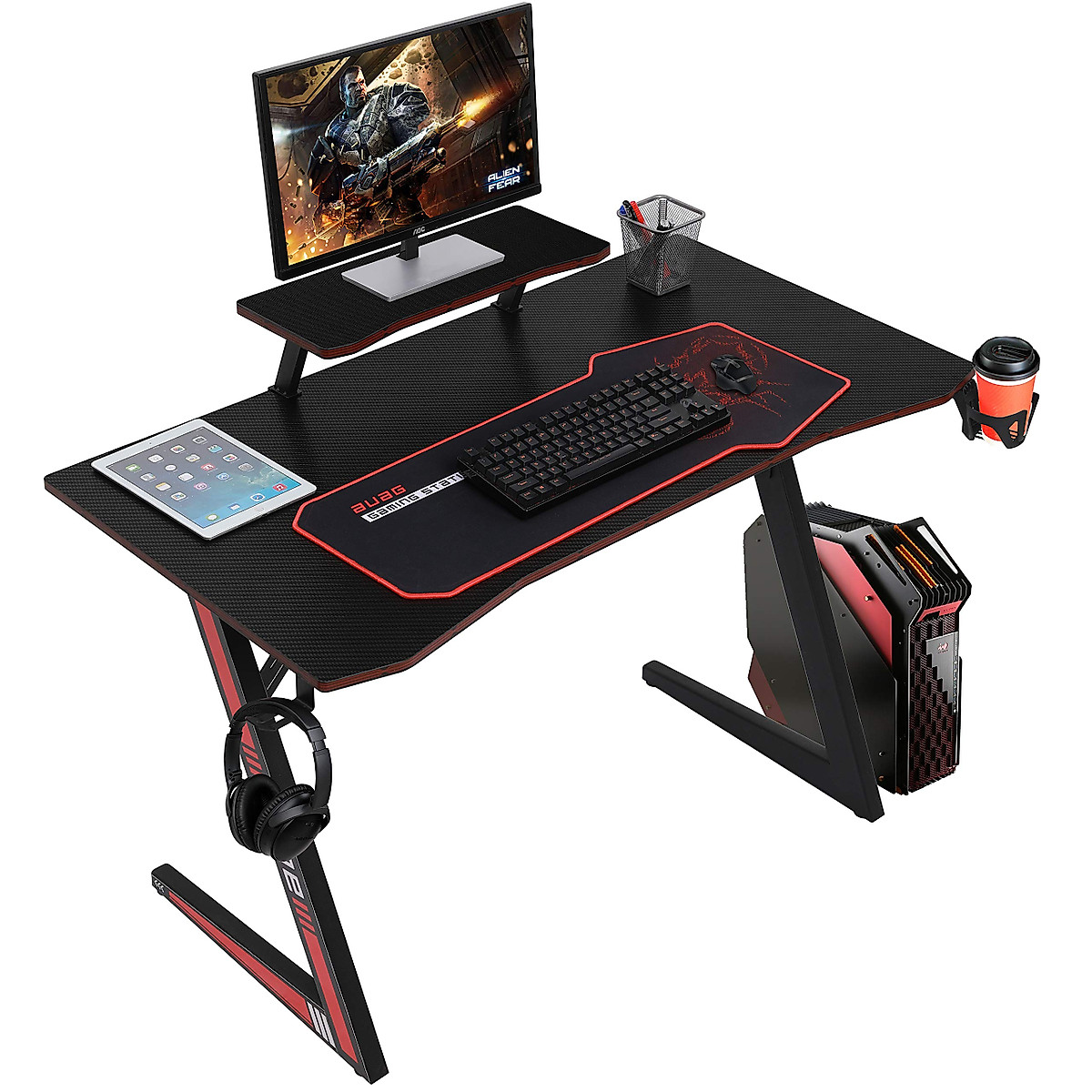 AuAg 44 inch Gaming Desk with Monitor Stand, Racing Style Home Computer Pc Table, Z-Shaped Gamer Game Work-Station with Cup Holder and Headphone Hook (44 inch)