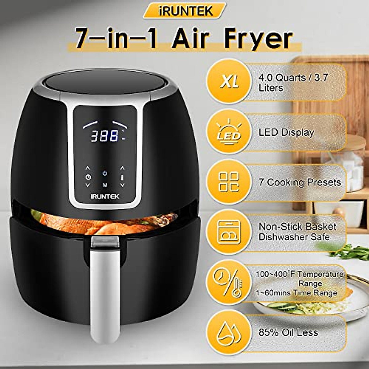 iRUNTEK Small 7-in-1 Air Fryer, 1400W 4 Quart Air Fryer for Healthy Cooking, Using Friendly, LED Display, Separate Non-stick Basket, Black