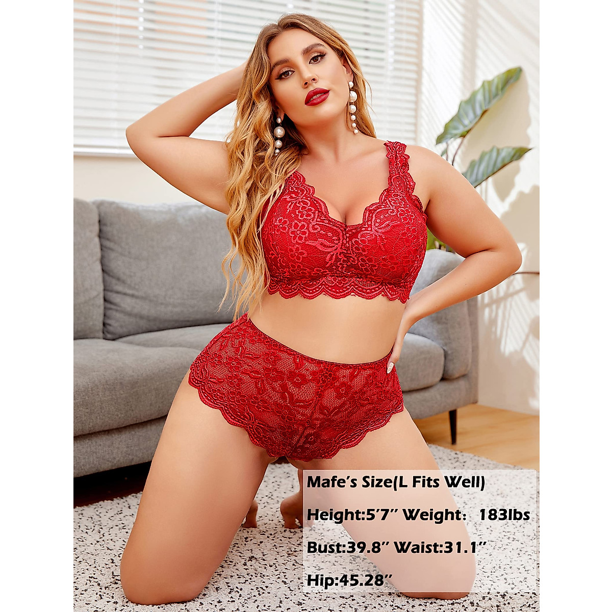 Avidlove Women Sexy Plus Size Lingerie Set Sexy Lace Bra High Waist Panty Set Red