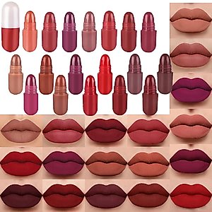 18 Pcs Mini Capsule Makeup Lipstick Pills Set, Matte Stain Set, Lápiz Labial Rojo Women Nude Brown Dark Red Matte Matt Lipsticks Cute Lip Stick Purse Set Labiales Matte Larga Duracion 24 Hrs