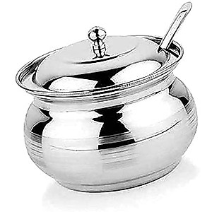 Vaishnavi Creations Stainless Steel Ghee Pot With Spoon And Lid, Clarified Butter Storage Container Storage Pot For Ghee Sugar Salt etc, Silver, Length 3.2 X Width 3.2 X Height 2.5 Inch