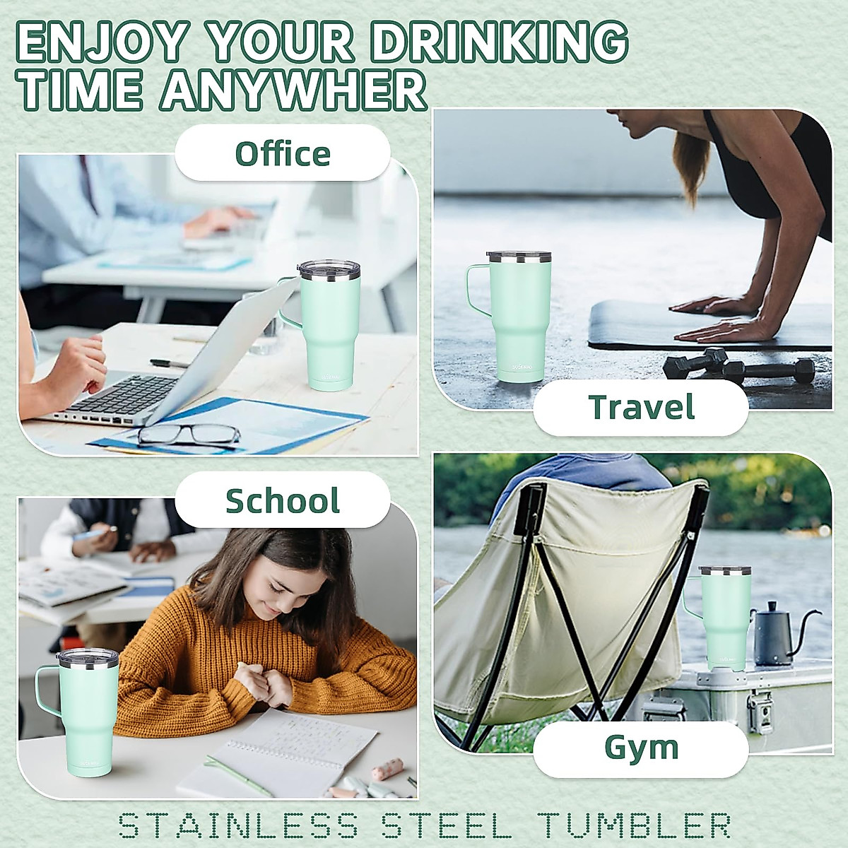 20 oz Insulated Coffee Mug with Ceramic Coating, Stainless Steel Travel Mug Tumbler with Handle Lid and Straw, Double Wall Leak-Proof Thermos Coffee Travel Mug Keeps Drink Hot and Cold (Green)