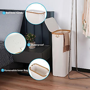 efluky Slim Laundry Basket with Lid, Narrow Laundry Hamper with Removable Bag, Skinny Dirty Clothes Basket with Bamboo Handles for Bathroom, Bedroom & Laundry Room, 63L Beige