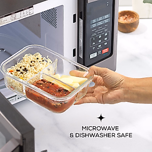 JoyJolt Divided 3 Compartment Glass Meal Prep Bento Box Set. 5 Pack Airtight Food Storage Containers with Lids for Portion Control and Weight Loss