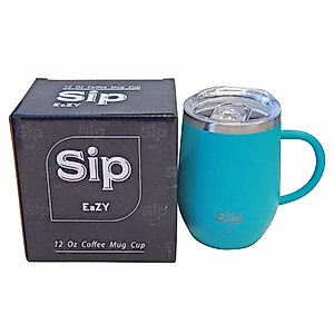 Sip Eazy TURQUOISE Double Walled St/Steel Insulated MUG/CUP with HANDLE & LID 12oz- Keeps Drinks Hot or Cold for many hours - COFFEE, TEA, WATER, WINE - Arrives Boxed for easy Gifting!