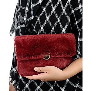 C.C Women's Evening Faux Fur Fuzzy Crossbody Shoulder Bag Envelope Clutch Purse, Burgundy