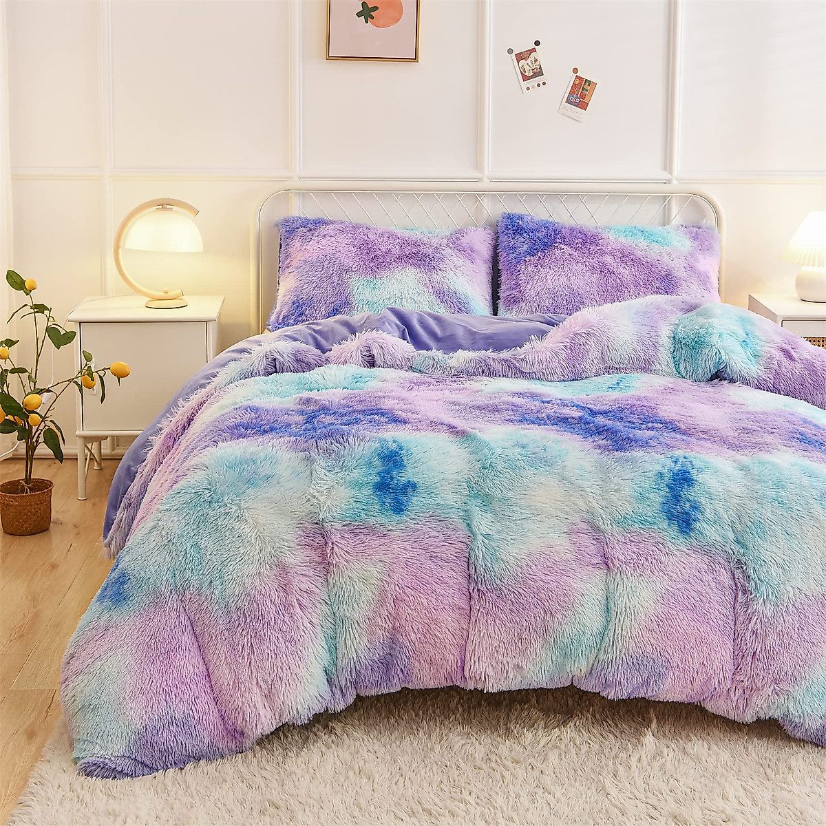 A Nice Night Shaggy Fluffy Faux Fur Duvet Cover Set, Tie Dye Style,Softest, Luxury Ultra Soft Crystal Velvet Bedding Sets, Zipper Closur (Queen, Purple-Blue)