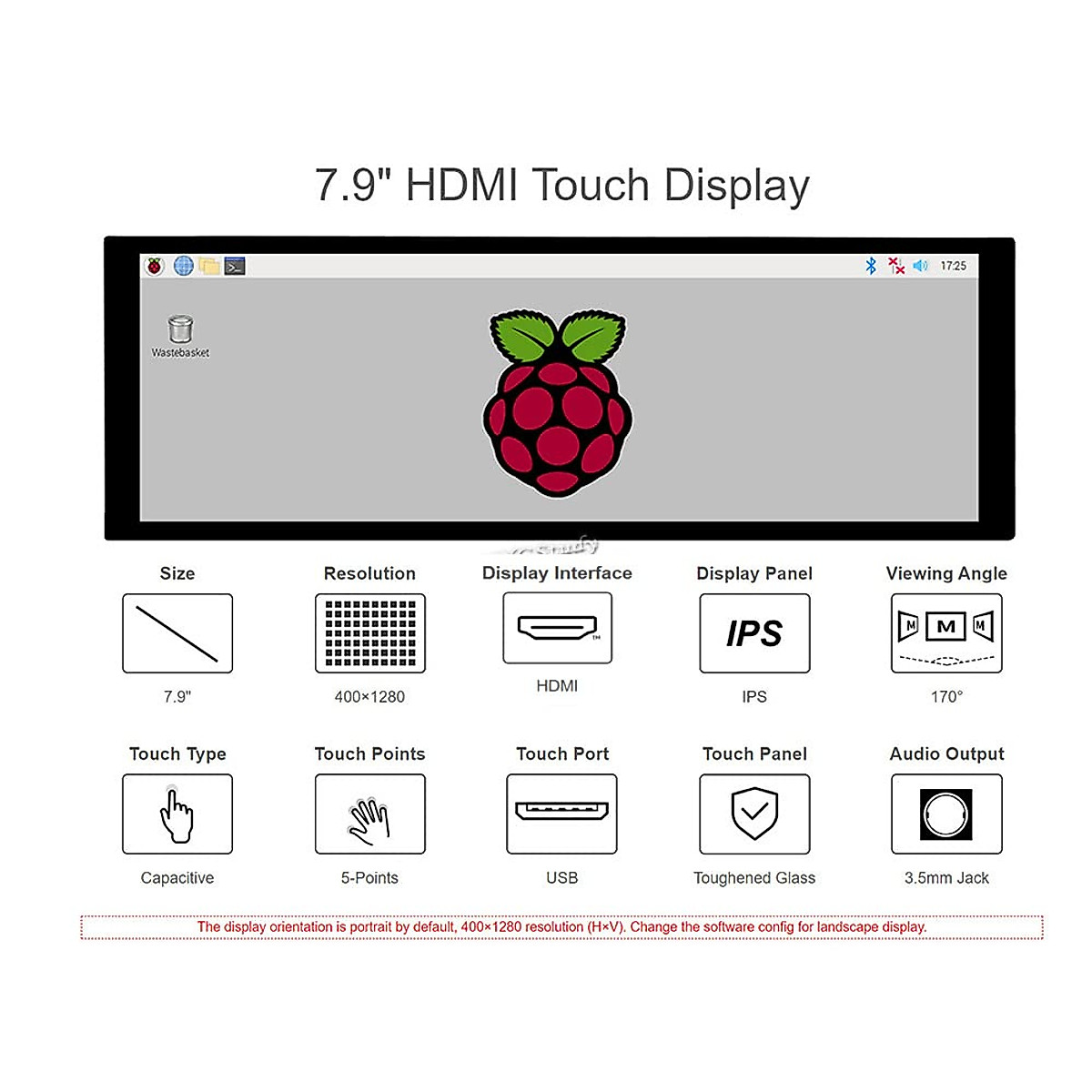 7.9 inch Raspberry Pi IPS Capacitive HDMI LCD 400×1280 Touch Screen Display Monitor Toughened Glass Panel Supports Raspberry Pi 4 3 2 Model B B+ A+ Jetson Nano Windows 10/8.1/8 / 7 @XYGStudy