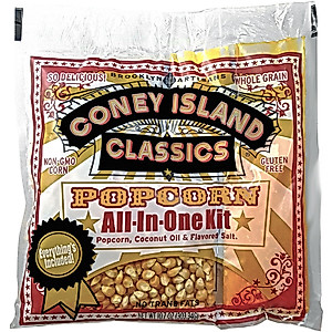 Coney Island Classics Premium Movie Theater Popcorn 8 Ounce Bag All In One Portion Kit With Coconut Oil & Flavored Salt With Bonus Large Tote Bag Bulk 24CT