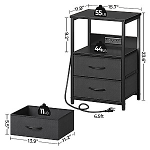 Seventable Nightstand with Charging Station, Bedside Table with LED Lights, Night Stand with 2 Fabric Drawers, 3-Tier Storage End Table for Bedroom, Black