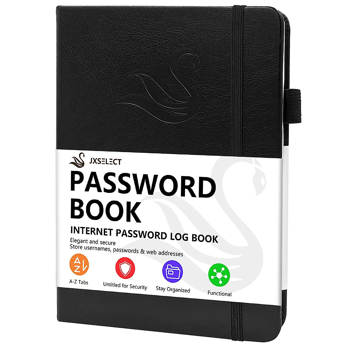 Elegant Password Book with Alphabetical Tabs - Hardcover Password Book for Internet Website Address Login - 5.2" x 7.6" Password Keeper and Organizer w/Notes Section & Back Pocket (Black)