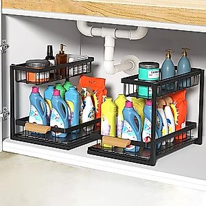 Zyerch 2 Pack Under Sink Organizer,Metal Pull Out Kitchen Cabinet Organizer with Sliding Drawer,Sturdy Multi-Functional for Bathroom Organization,Black