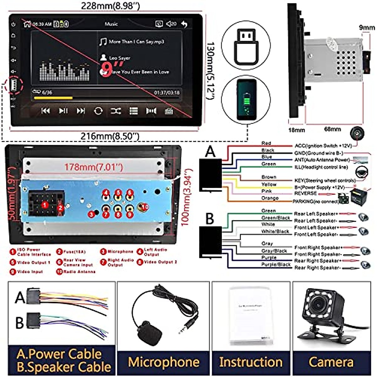 Single Din Car Stereo Apple Carplay Android Auto, Rimoody 1 Din 9 Inch Touchscreen Car Radio with Bluetooth FM AM Radio iOS/Android Mirror Link TF/USB/AUX Input Car Multimedia Player + Backup Camera