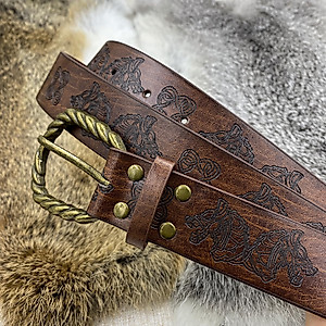 HiiFeuer Viking Fenrir Embossed Buckle Belt with Nordic Embossed Belt Bag, Vintage Faux Leather Belt and Belt Pouch Set for LARP (Brown C)