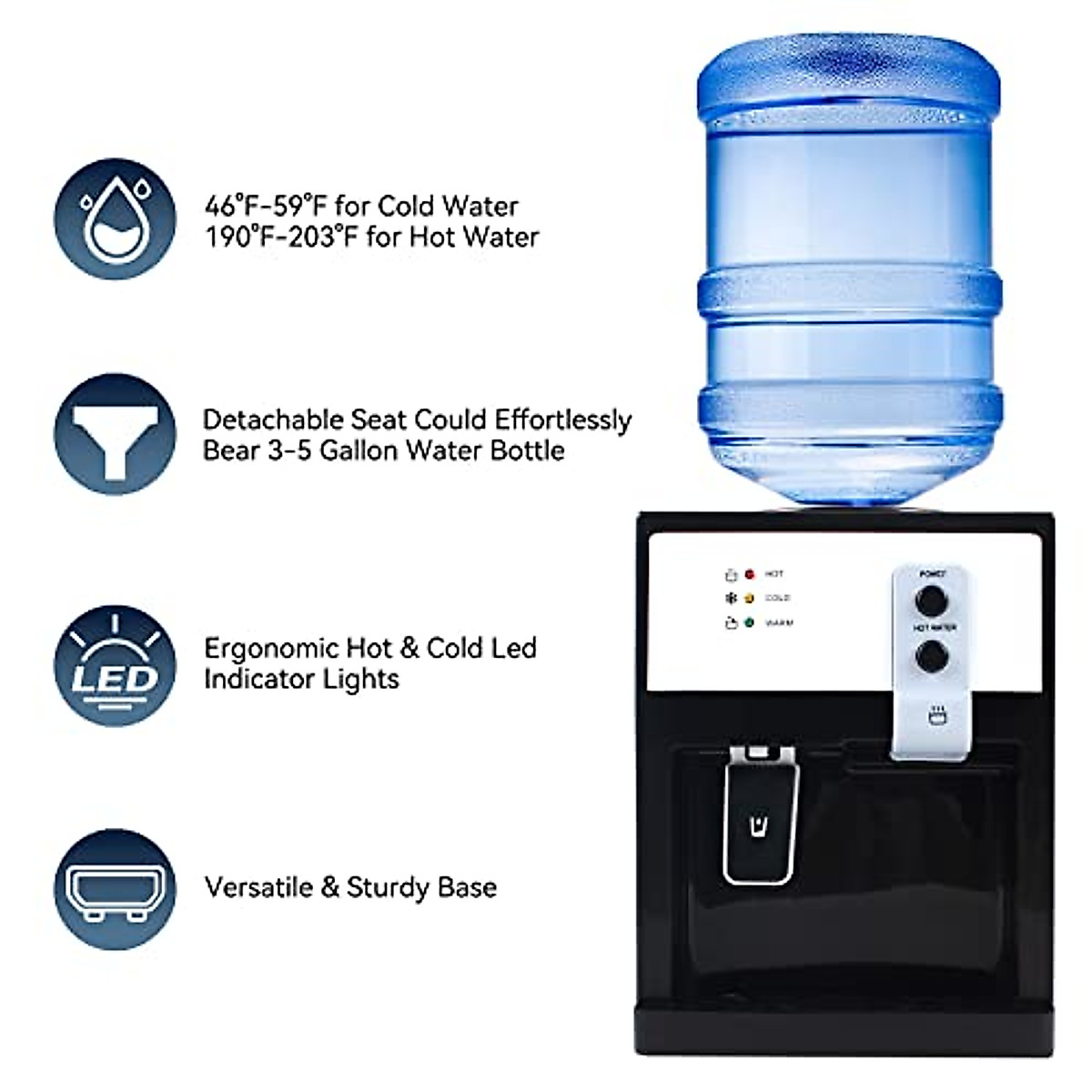 PIOJNYEN Hot and Cold Water Dispenser, Top Loading Water Cooler Dispenser 5 Gallon Countertop Water Cooler Dispenser, 3 Temperature Settings, Water Dispenser for 3 to 5 Gallon Bottles