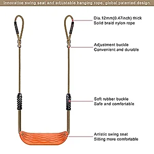 BeneLabel Non-Slip Swing Seat with Adjustable Rope and Carabiners - Heavy Duty Playground Swing Set Accessories for Kids and Adults - 220LB Capacity - Orange