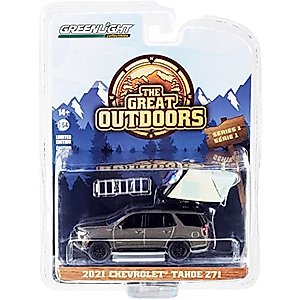 2021 Chevy Tahoe Z71 Gray Metallic with Modern Rooftop Tent The Great Outdoors Series 1 1/64 Diecast Model Car by Greenlight 38010 E