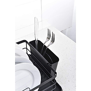 Popity home Dish Drying Rack, Large Kitchen Dish Drying Rack, Metal Dish Rack, Drying Rack with Black Drainboard, Spoons and Knives Storage Box
