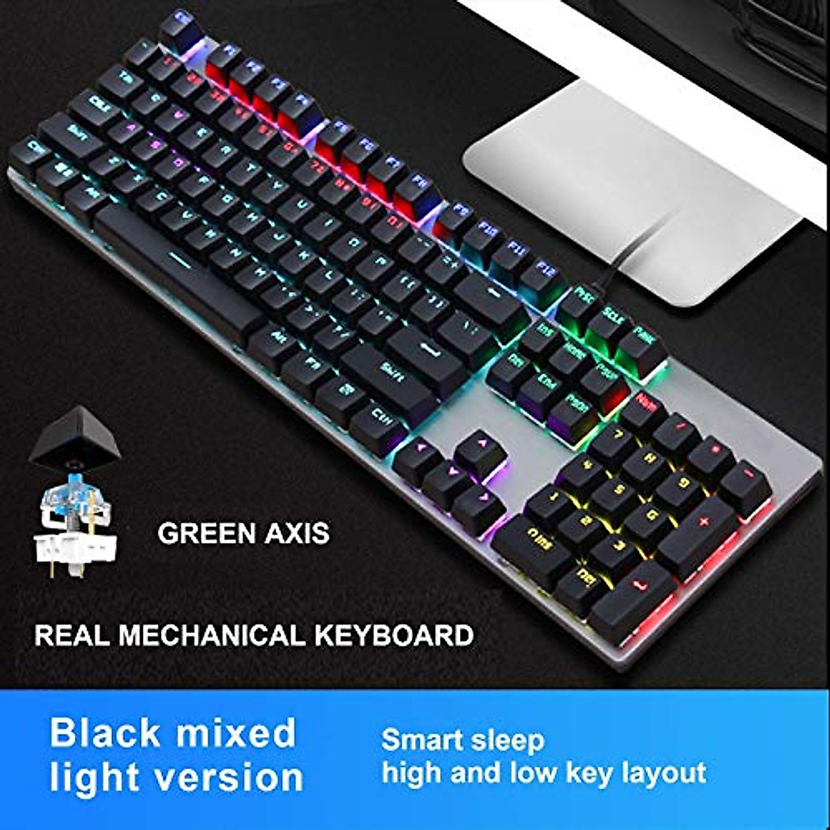 NBSXR -Manipulator keyboard with full keys without punching, metal panel, high-low key layout, 104-key dustproof USB interface, rainbow gaming keyboard,Green