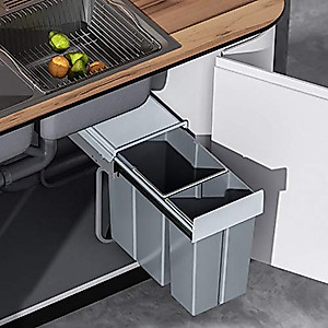 MYOYAY Double Pull Out Under Cabinet Trash Can with Lid 10L + 20L (8 Gallon) Kitchen Cabinet Garbage Can Sliding Out Under Counter Waste Bin, 30 Liters