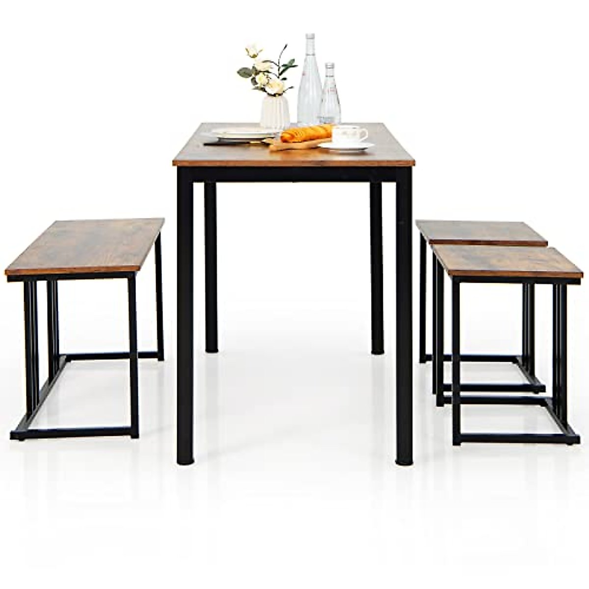 Giantex 4 Piece Dining Table Set, Kitchen Table and Chairs for 4, Nesting Furniture Set w/Bench & 2 Stools, Space-Saving Table Set, Modern Desk Set for Dining Room Restaurant