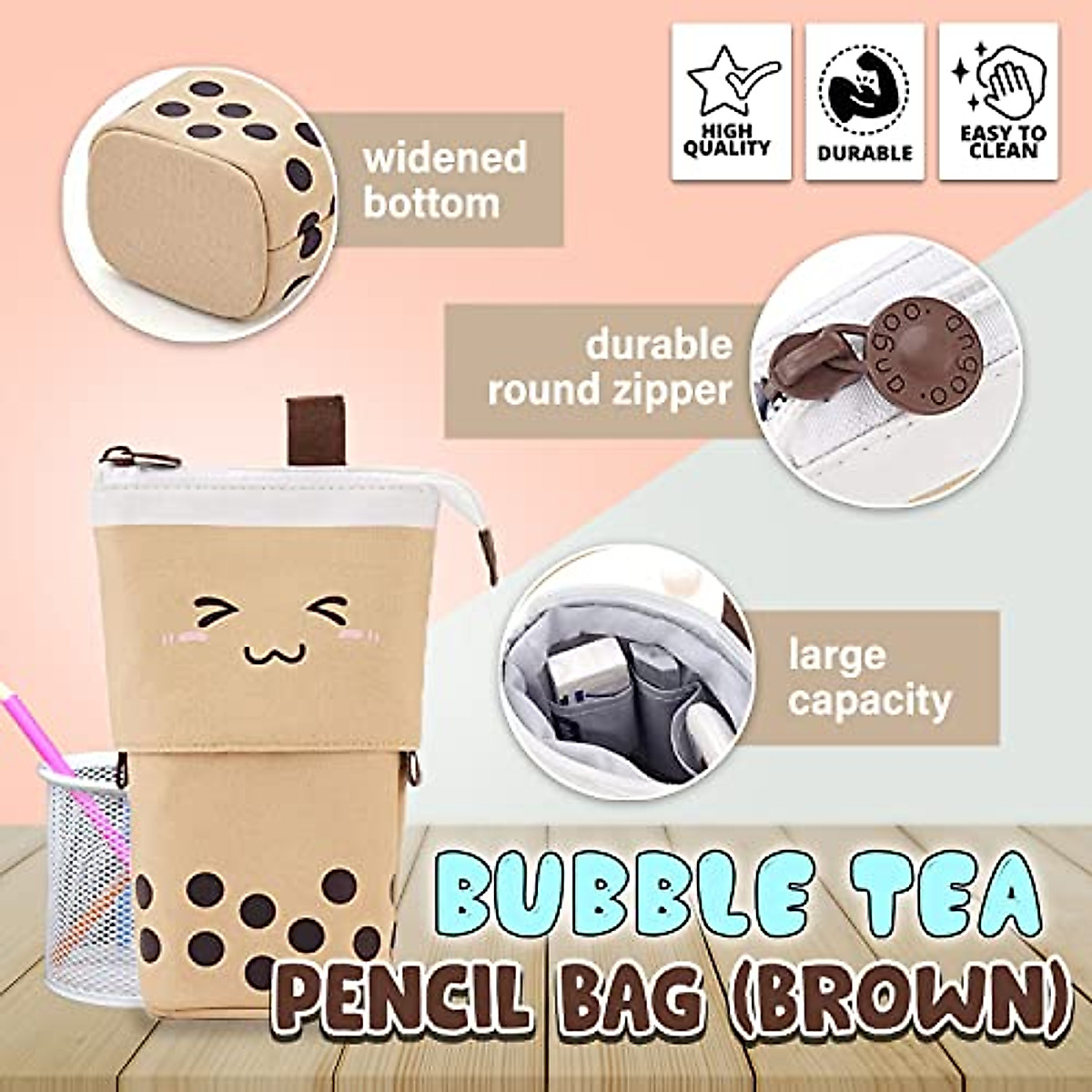 Primo Lines Kawaii Pencil Case and Complete 61 PCS Brown Kawaii Stationery Set with Pop Up Cute Boba Pencil Case, 8 Kawaii Pens, 50 Bubble Tea Stickers
