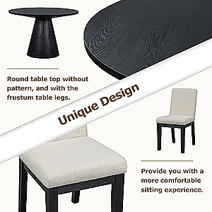 Voohek, Black 5-Piece Retro Simple Round Dining Table Set with Frustum Legs, and 4 Ergonomic Fabric Upholstered Chairs, Solid Wood Kitchen Furniture for 4 People, Small Space