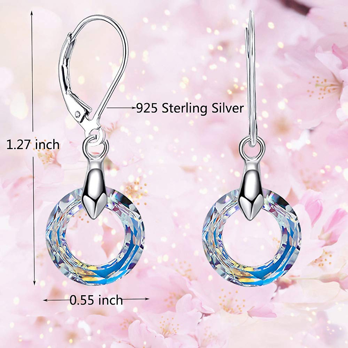 925 Sterling Silver Circle Earrings with Austria Crystal Leverback Dangle Earrings Hypoallergenic Jewelry for Women Mom (Aurore Borealis Crystal Earrings)