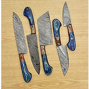 Handmade 5 Pieces Set, Knife Hand Forged Chef Knives Kitchen Set Damascus Steel Knives Gift Item for Her,Fine Tool Professional Chef Knives Set Vegetable Meat Cooking Knife with BLUE Solid Wood Handle