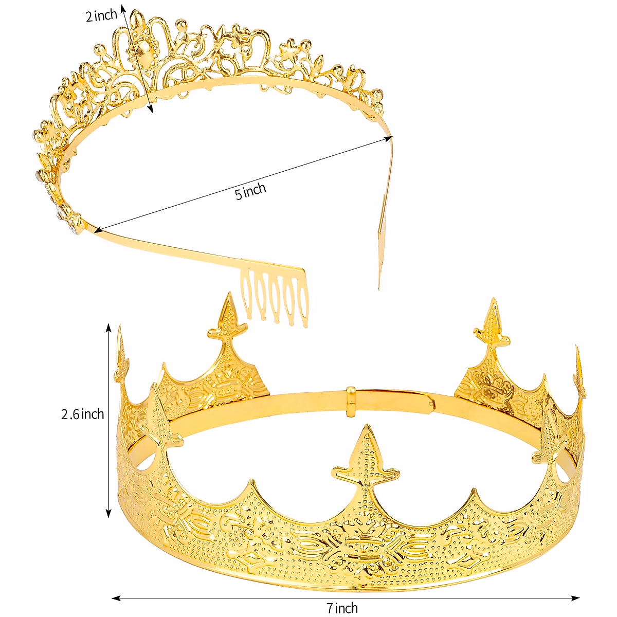 VELSCRUN 2 Pcs Crown for Men Women, Crowns for Men Metal, Gold King Queen Crown Tiaras for Women, Prince Crown Princess Tiaras for Girls, Birthday Prom Wedding Halloween Party Hair Accessories