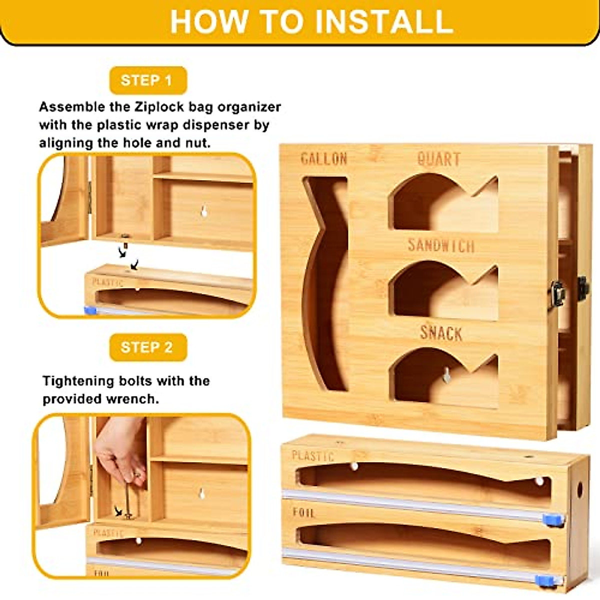 6 Slots Bamboo Wall mountable Ziplock Bag Storage Organizer and Foil & Plastic Wrap Dispenser with Cutter, for Kitchen Drawer, Counter Top, Pantry, Compatible with Gallon, Quart, Sandwich, Snack Bag